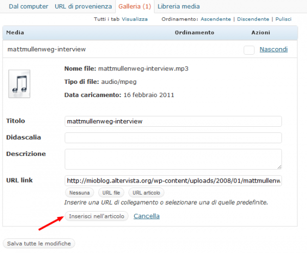 Inserire file Audio | Guida Wordpress